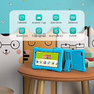 TOSCiDO 7 inch Kids Tablet, Tablet for Kids, Android 11 go,2GB RAM 32GB ROM, Quad Core Processor, IPS HD Display, Parental Control, WiFi, Dual Cameras with Kids Tablet Case - Blue