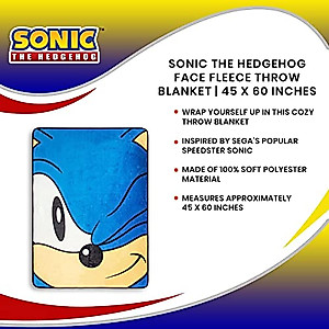 Sonic the Hedgehog Face Plush Throw Blanket | Fleece Blanket Cover, Cozy Sherpa Wrap For Sofa And Bed, Home Decor Room Essentials | SEGA Video Game Gifts And Collectibles | 45 x 60 Inches