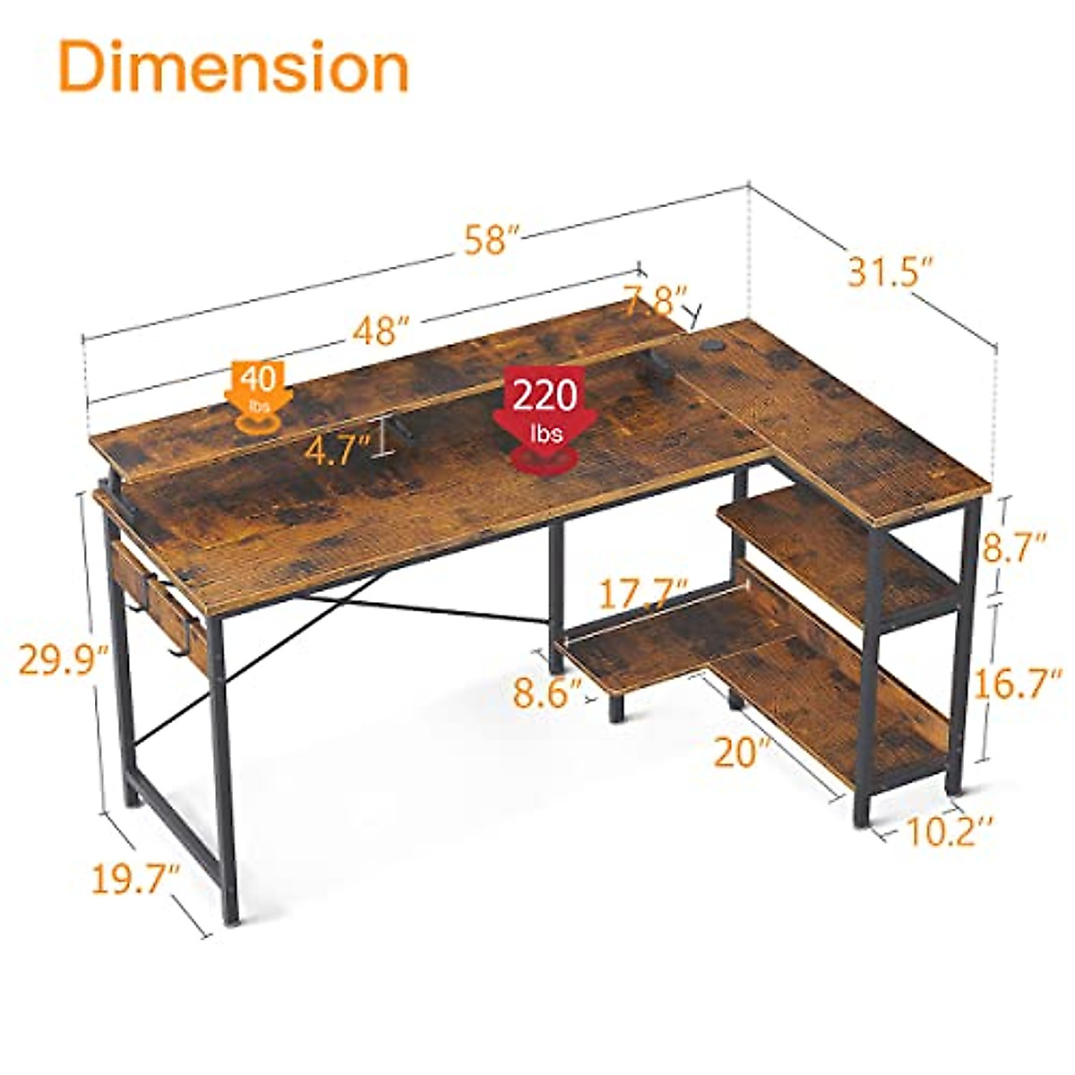 ODK Small L Shaped Desk, 58 inch Corner Desk with Reversible Storage Shelves, Computer Desk with Monitor Shelf and PC Stand for Home Office, Gaming Desk with Headphone Hooks, Rustic Brown