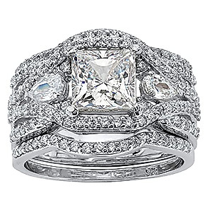 PalmBeach Platinum-plated Sterling Silver Princess Cut Cubic Zirconia 3 Piece Highway Bridal Ring Set Sizes 6-10 Size 10
