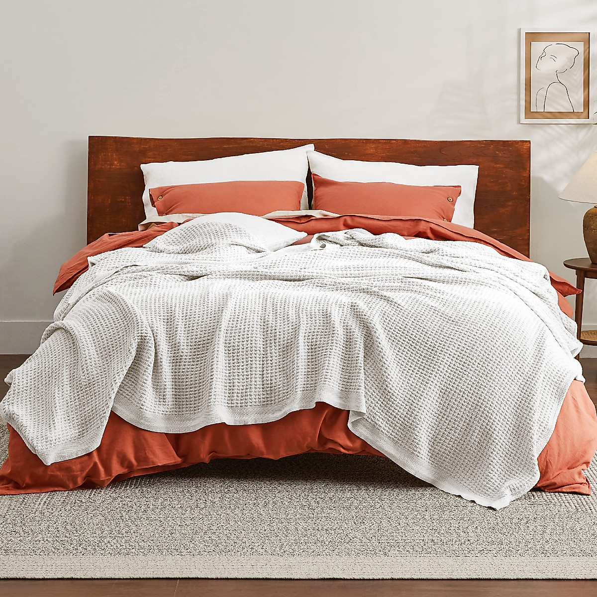 BEDSURE 100% Cotton Blankets King Size for Bed - 405GSM Waffle Weave Blankets for All Seasons, Cozy and Warm, White Soft Lightweight Woven Blankets, 104x90 inches