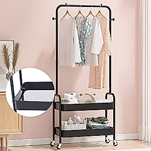 LOHISHILO 2-in 1 Clothing Rack Portable Clothes Hanger Stand with 2 Tier Metal Basket Rolling 4 Wheels, for Hallway, Living Room, Bedroom, Dressing Room, Laundry Room(2-in 1 Black)
