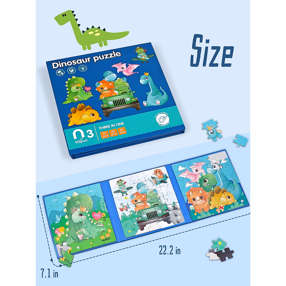 Vileafy Magnetic Puzzles for Kids Ages 4-8, 3 in 1 Wooden Dinosaur Puzzles Book for Boys Girls, Preschool Educational Learning Toys and Travel Games Toys (Dinosaur 25P+30P+42P)