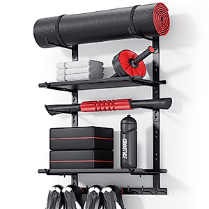 Crostice Home Gym Storage Shelf Only, Adjustable Gym Equipment Organizer Wall Mounted with 2 Boards, Yoga Mat Holder, Storage Rack Compatible with Peloton Shoes & Mat, Shelf for Home Gym Accessories