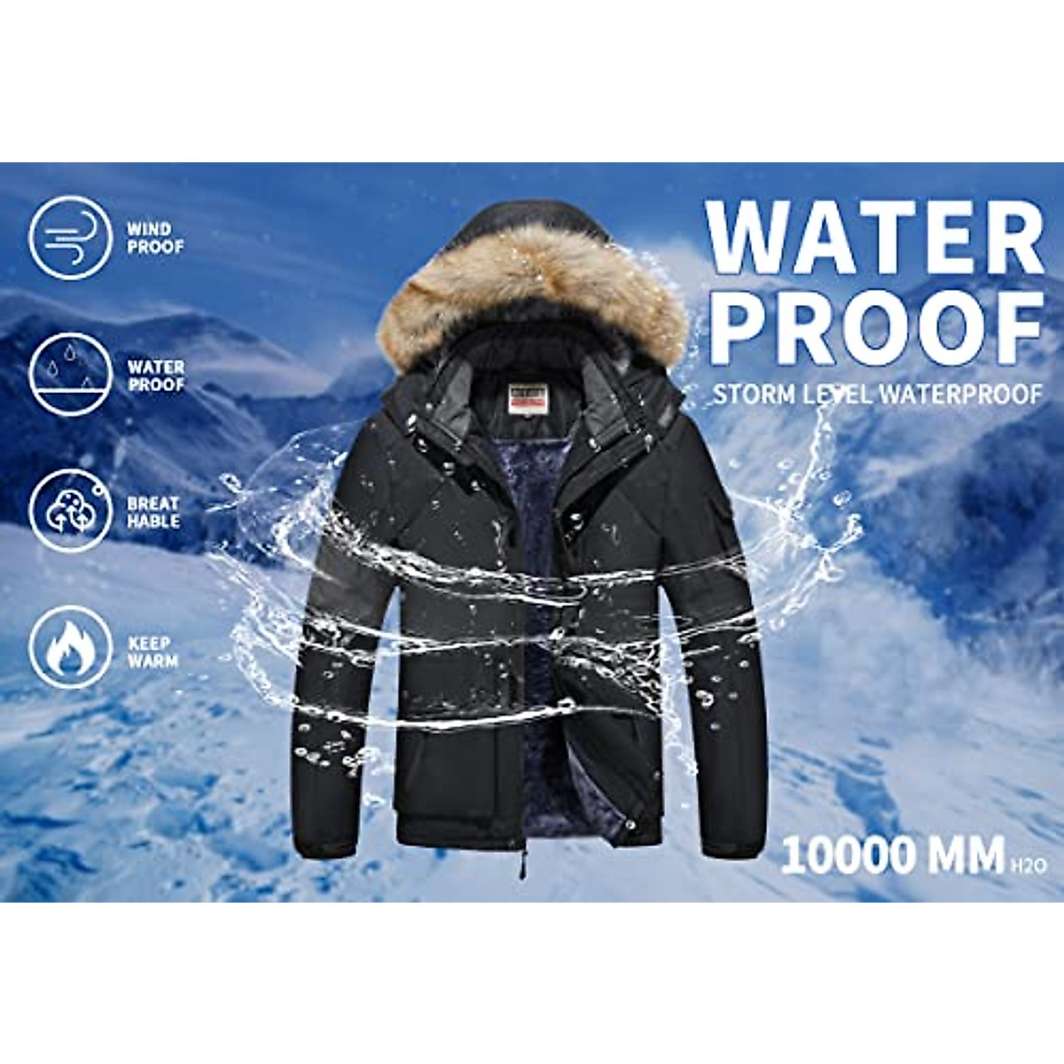 WULFUL Men's Waterproof Ski Jacket Warm Winter Snow Coat Mountain Windbreaker Hooded Raincoat