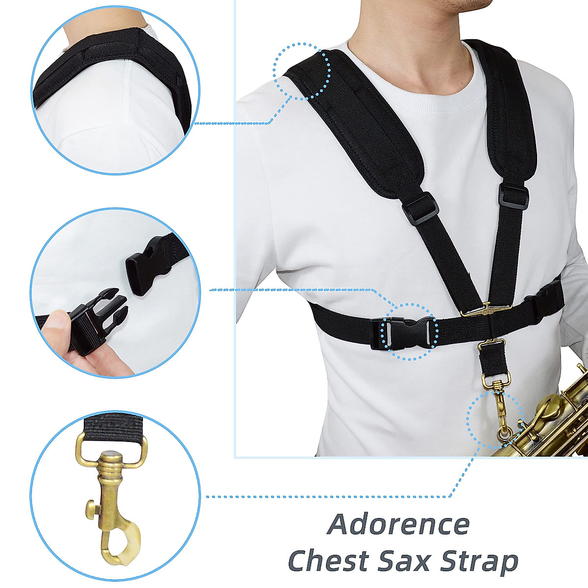 adorence Saxophone Harness Strap, Padded Saxophone Shoulder Strap/Sax Chest Strap - Baritone, Tenor, Alto and Bari Sax Strap for Regular Beginner, Medium
