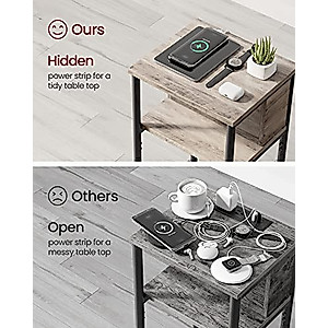 VASAGLE Side Table with Charging Station, 3-Tier End Table with USB Ports and Outlets, Nightstand for Living Room, Bedroom, 11.8 x 13.4 x 22.8 Inches, Plug-in Series, Greige and Black ULET373B02