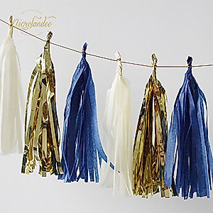 Nicrolandee 15 Pcs Navy Blue Tissue Paper Tassel Garland Gold Foil Art Party Garland for Wedding Engagement Baby Shower Bridal Shower Nautical Birthday Bachelorette Party Decor