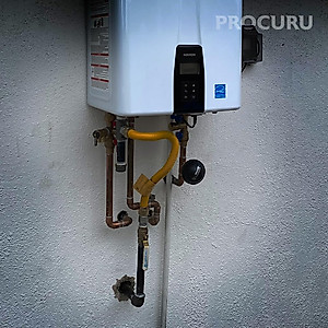 PROCURU 1" OD x 12" (1Ft) x 3/4"MIP x 3/4"FIP Universal Gas Flex Connector Kit, With or Without Service Valves, WP MaxFlow High Capacity Stainless Steel Tubing for Tankless Water Heaters (Blue Series)