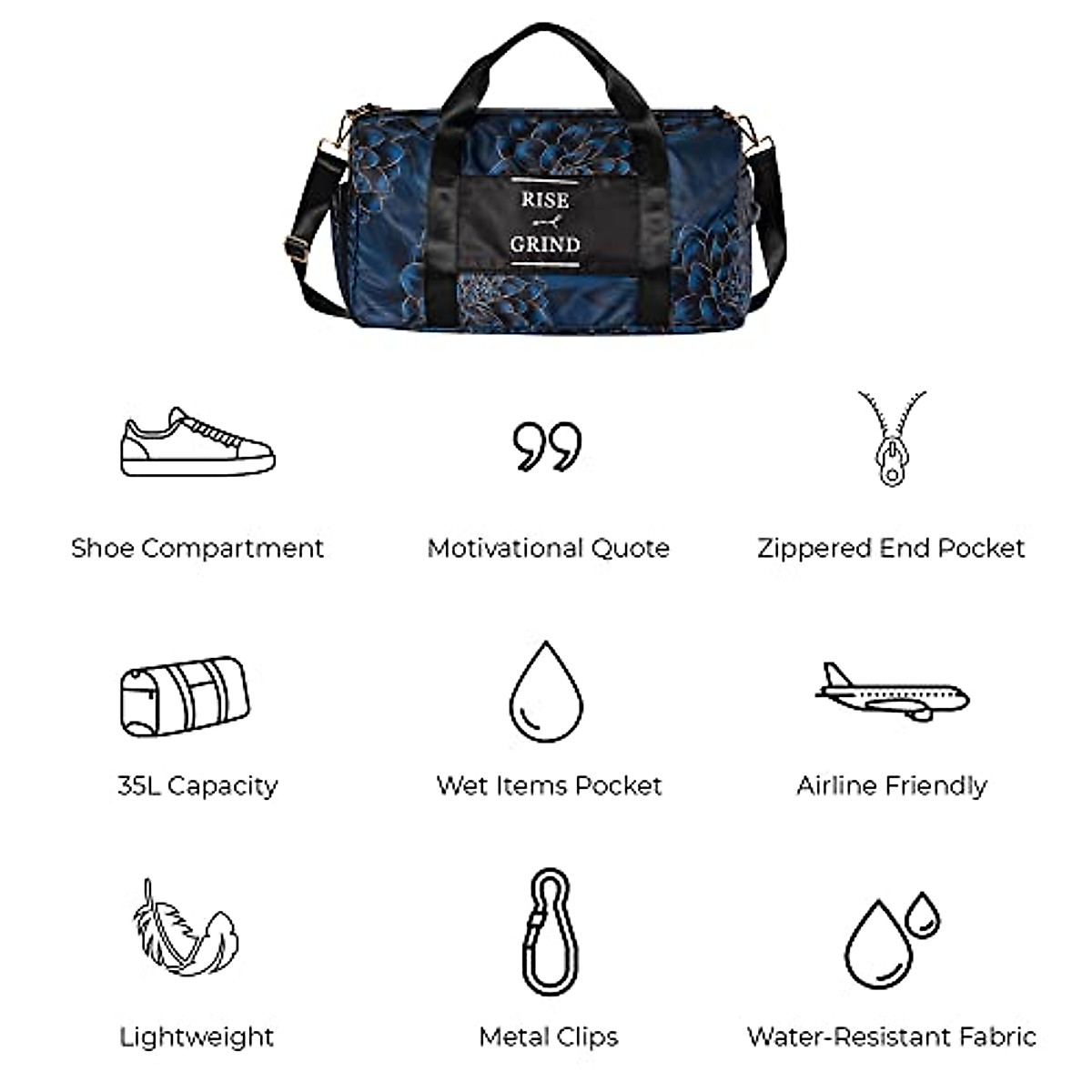 Gym Bag for Women with Shoe Compartment and Wet Pocket | Durable Lightweight Gym Duffle Bag with Motivational Quote and Graphic Designs | Great for Exercise and Overnights | Teal/Black - Dahlia Flower