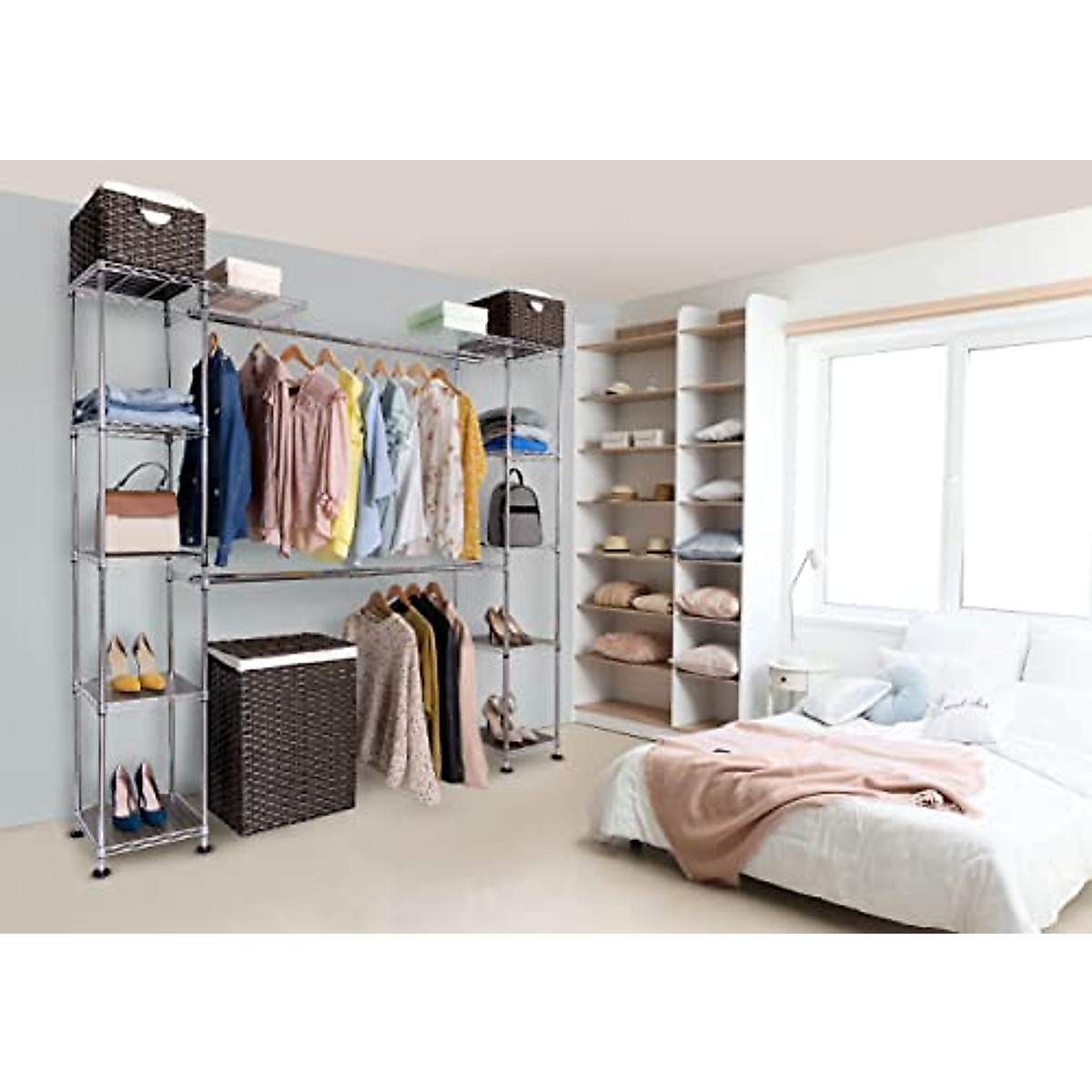 Seville Classics Closet Garment Organizer with Metal Hanging Rod Wardrobe Storage System w/Steel Shelves for Clothes, Shirts, Jackets, Coats, Blankets, Shoes, 58" to 83" W x 14" D x 72"