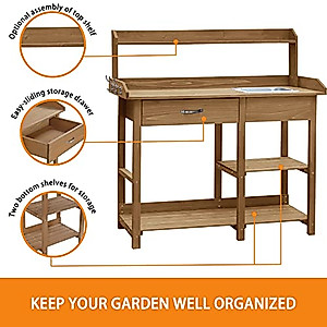 MUPATER Potting Bench Garden Table for Outdoors with Removable Stainless Sink, Planting Work Bench with Storage Shelves and Drawer, Natural Wood