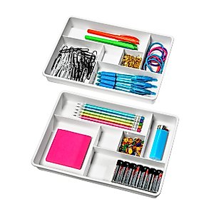Madesmart Set of 2 Plastic 6-Compartment Drawer Organizer Gadget Trays, Multipurpose Storage Bins for Drawers, White