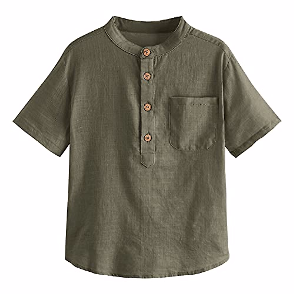 Inorin Boys Button Up Henley Shirt Short Sleeve Lightweight Summer Linen Cotton Dress Shirts Tees Tops with One Pocket Army Green