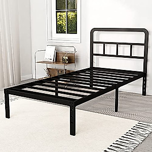 DiaOutro 14 Inch Twin XL Bed Frame with Headboard No Box Spring Needed Metal Platform Heavy Duty Steel Slat Mattress Foundation/Easy Assembly/Noise Free/Black