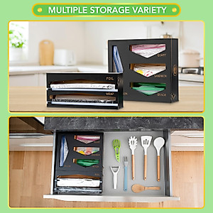 Ziplock Storage Organizer 6in1 Foil and Plastic Wrap Dispenser with Cutter Ziplock Bamboo Bag Storage Organizer for Kitchen Drawer Ziplock Organizer Suitable for Gallon, Quart, Sandwich, Snack