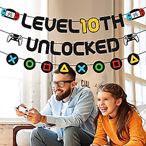 Happy 10th Birthday Banner Level 10s Unlocked Decoration Video Game Controller Level Up Theme Bday Decor for Boys Girls Children Kids Tenth Birth Anniversary Event Supplies