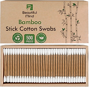Beautiful Mind Bamboo Cotton Swabs for Ears – 500 Pack – Qtips with Carbonized Bamboo for Durability – Eco-Friendly, Biodegradable & Vegan – 100% Organic Cotton Ear Swabs for Makeup