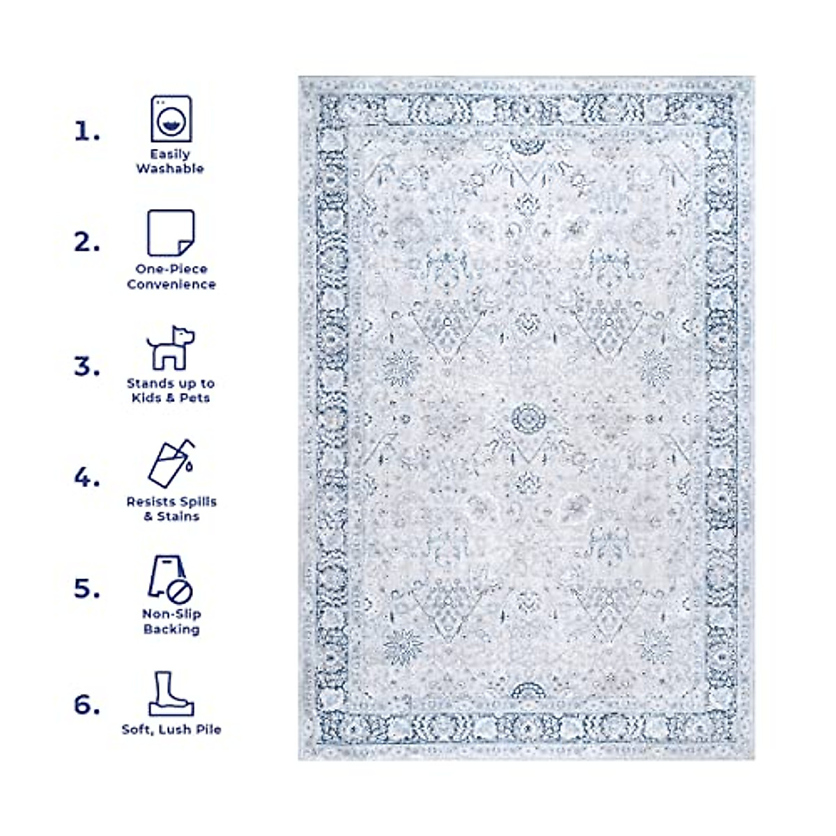 Rugs USA x Lauren Liess Bayberry Vintage Machine Washable Ultra Thin Area Rug, 5' x 8', Light Blue