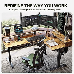 BANTI Triple Motor 63'' L-Shaped Standing Desk with LED Light Strip and Power Outlet, Height Adjustable Standing Corner Desk with Double Shelves, Rustic Top