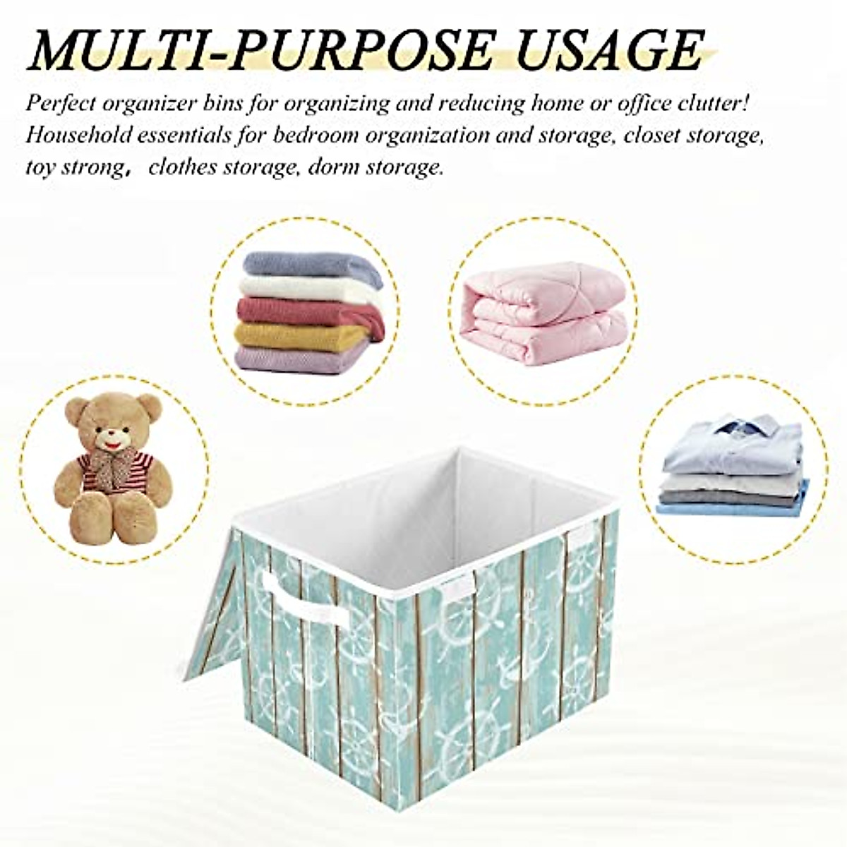 innewgogo Wooden Anchor Storage Bins with Lids for Organizing Baskets Cube with Cover with Handles Oxford Cloth Storage Cube Box for Living Room