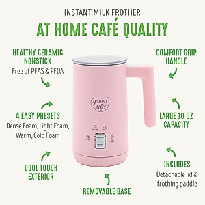 GreenLife Ceramic Electric Milk Frother, 10oz, 4-in-1, Auto Hot and Cold Foam, Dense and Light Foam, PFOA and PFAS Free, Cordless Milk Warmer and Steamer for Latte, Coffee, Pink