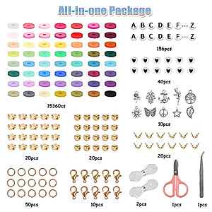 QUEFE 15360pcs, 192 Colors Clay Beads for Bracelet Making Kit Flat Round Polymer Spacer Heishi Beads Jewelry with Pendant Charms Letter and Elastic Strings