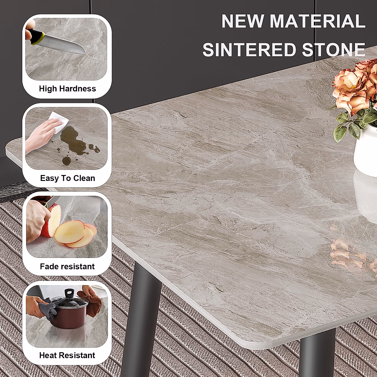 ZL ZELing Dining Table with Marble Sintered Stone Table Top and Metal Legs, Gray 55" Rectangular Kitchen Table, Dinner Table for Dining Room