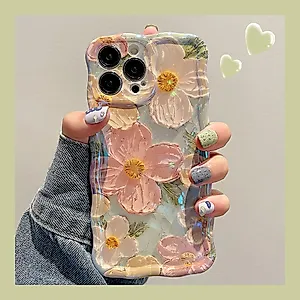 EYZUTAK Case for iPhone 14, Colorful Retro Oil Painting Printed Flower Laser Beam Glossy Pattern Cute Curly Waves Border Exquisite Phone Cover Stylish Durable TPU Protective Case for Girls Women-Green