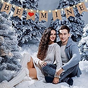 Be Mine Burlap Banner Lighted Valentine's Day Linen Banner Be Mine Linen Garland Valentine's Day Photo Props Proposal Sign Decorations and Warm White Copper Wire Lights with 8 Flashing Patterns