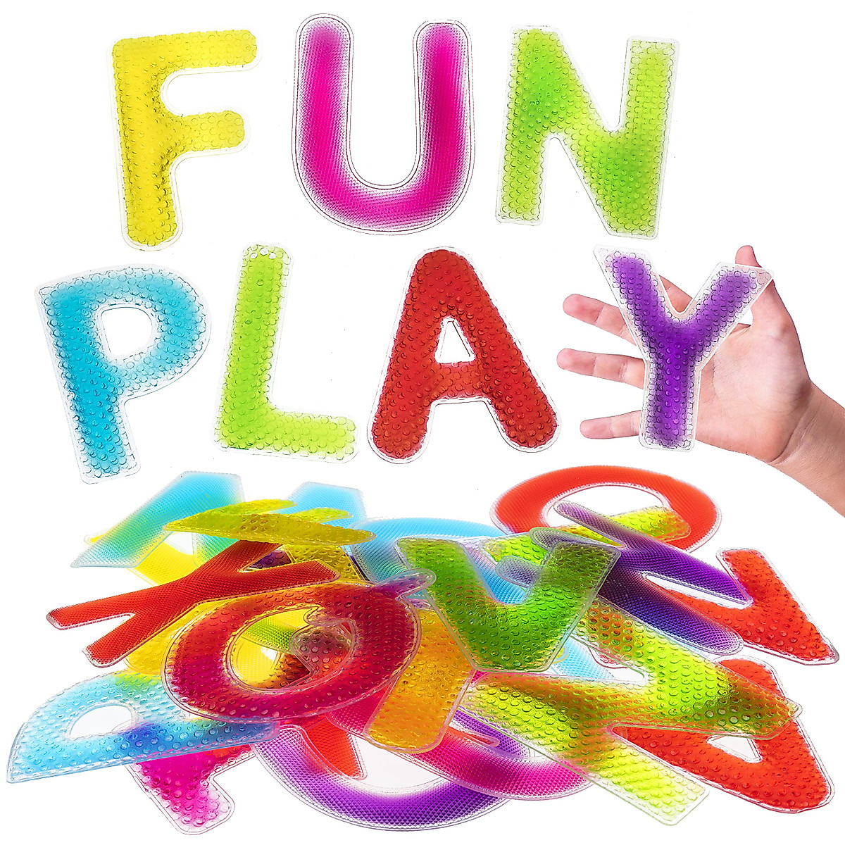 Playlearn 26pc Large Size Sensory Alphabet Letters - Multiple Textures - Gel Filled Tactile Letters - ABC Learning Toy - Light Table Toy