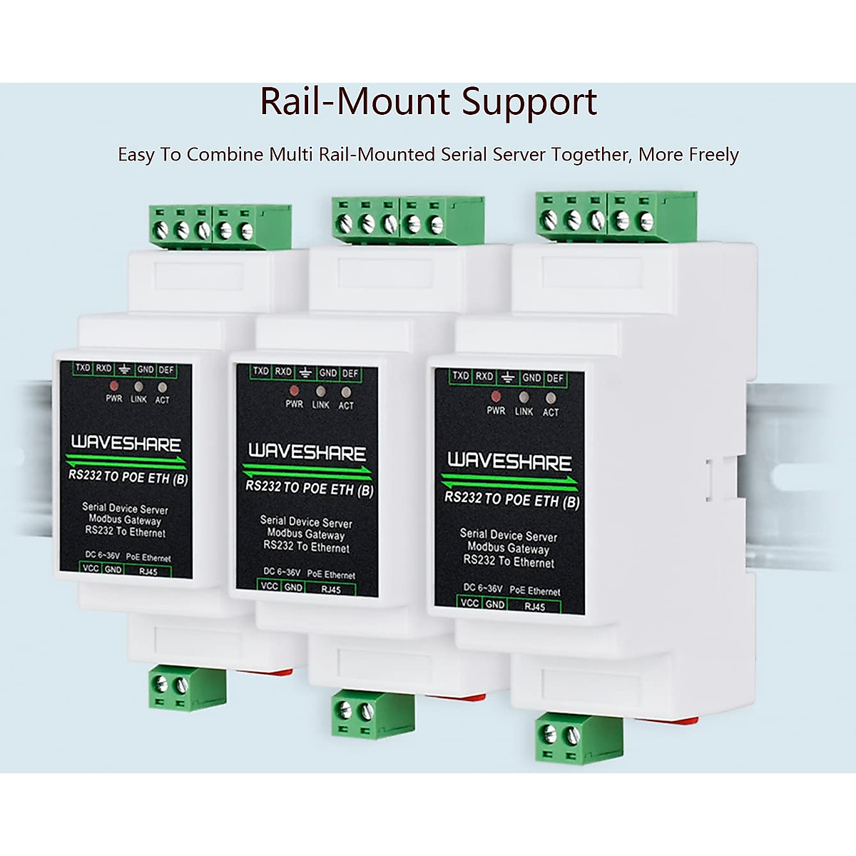 waveshare RS232 to POE RJ45 Ethernet Module, Industrial Rail-Mount RS232 Serial Server with POE Funtion, TCP/IP to Serial, Support Modbus Gateway, Bi-Directional Between RS232 and Ethernet