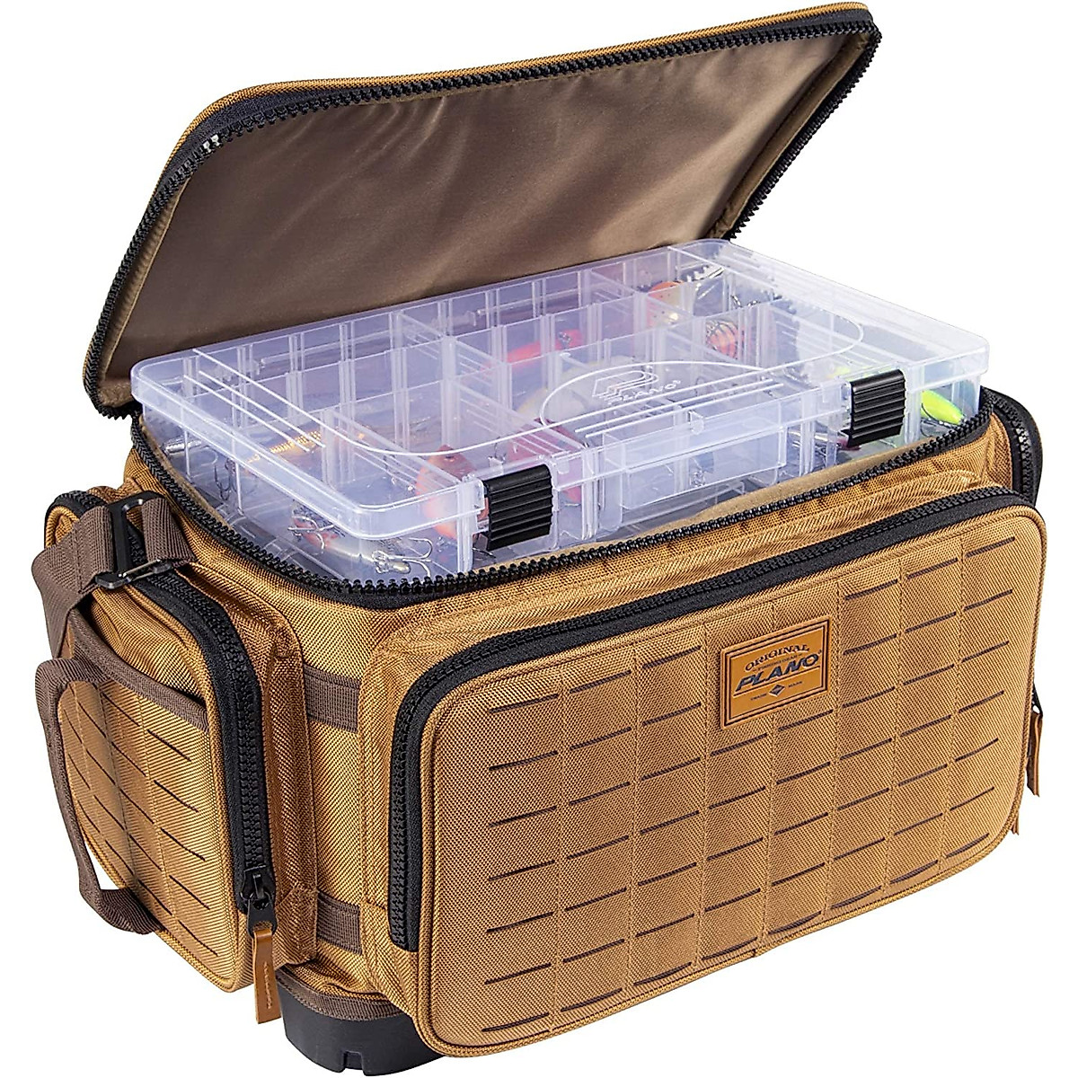 Plano Guide Series 3700 Tackle Bag, Large, Beige 1680 Denier Fabric with Waterproof Base, Includes 6 StowAway Utility Boxes, Premium Fishing Storage for Baits & Lures