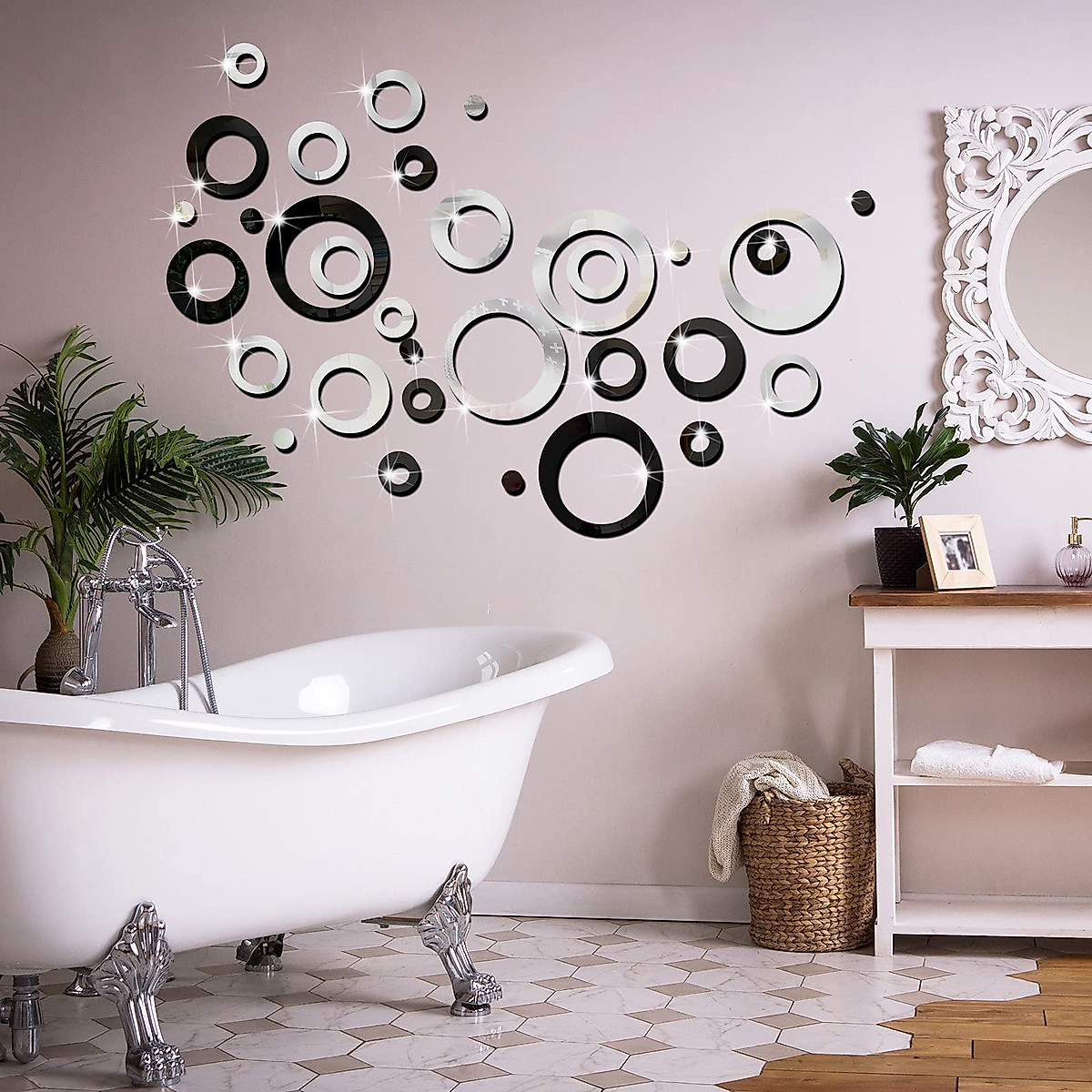 Outus 72 Pieces Wall Stickers Acrylic Circle Mirror Removable Round Dots Mirror Wall Decoration Wall Decals Murals for Home Living Room Bedroom Decor(Silver, Black)