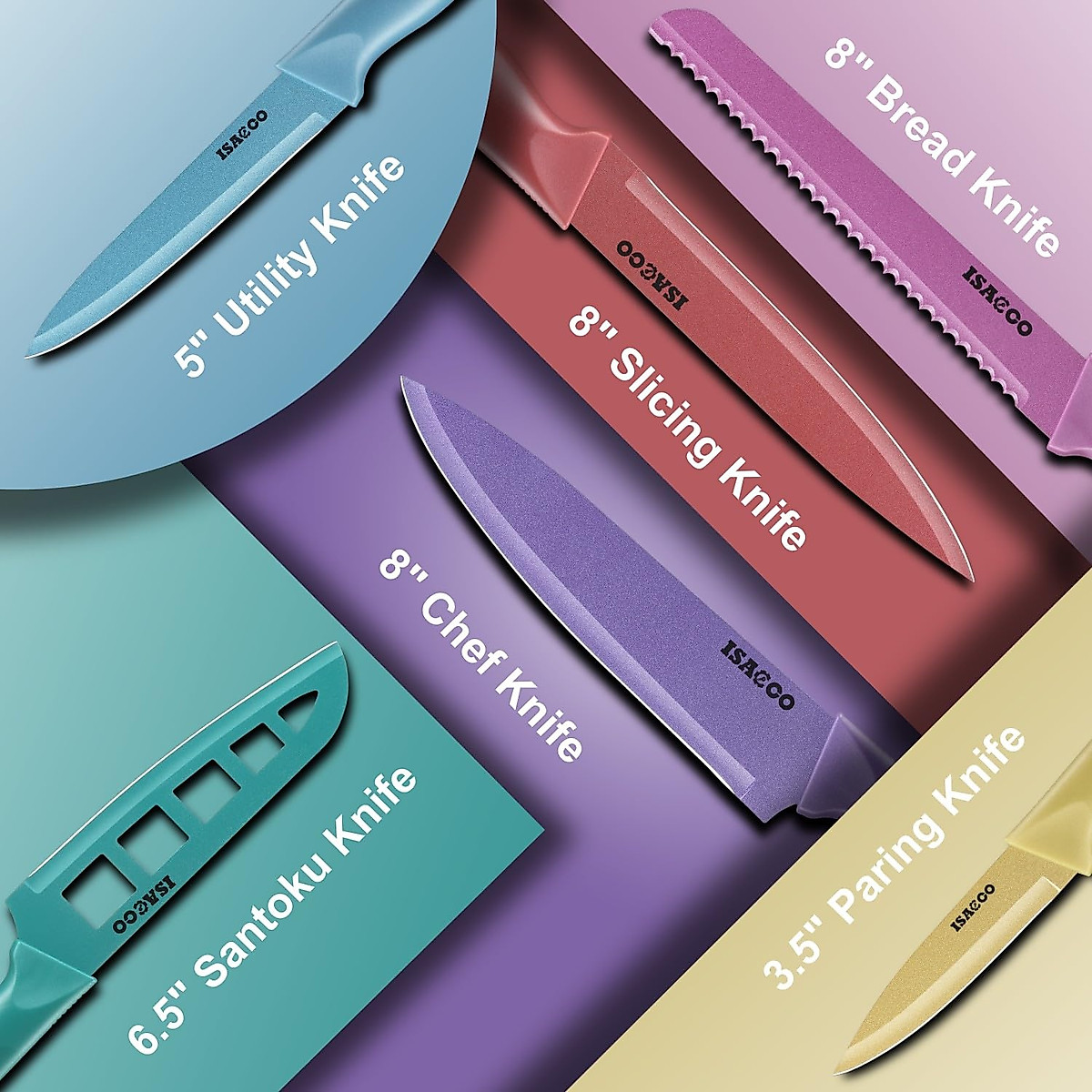 ISACCO Knife Set,12pcs Kitchen Knife Set,Non-stick Food Grade Coating,Utility Knives with Blade Guards,Ultra-Sharp High Carbon Stainless Steel Knives,Dishwasher Safe(Pass the FDA Certificate)