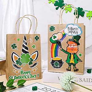Whaline St Patrick's Day Kraft Paper Gift Bags Party Bag with Handles 24 Sheet DIY Stickers Shamrock Green Unicorn Gnome Goody Bags Irish Birthday Party Supplies Gift Wrap, 6 x 3 x 8.3inch