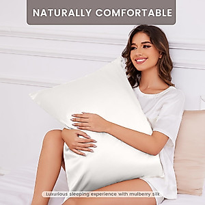 THXSILK 100% Mulberry Silk Pillowcase with Cotton Underside, Silk Pillowcase for Hair and Skin, Standard Size Grade 6A+ Mulberry Silk, Soft Breathable Pillow Cover with Zipper, 1 Pack (White,Standard)