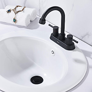 Rainovo 4 Inch Centerset Matte Black Bathroom Faucet with Pop-Up Sink Drain, Bathroom Vanity Sink Faucet 3-Hole Stainless Steel High Arc, Supply Utility Hose for Laundry Faucet 2 Handles with Overflow