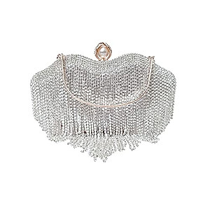 Women Luxury Lips Shape Crystal Tassel Evening Pearl Clutch Purse Bag Rhinestones Wedding Party Purse Handbag With Pearl Buckle (Sliver)