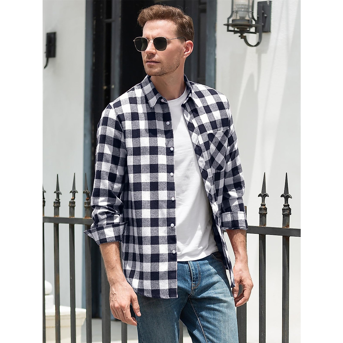 SANGTREE Mens Flannel Plaid Shirts Casual Long Sleeve Button Down Shirt Dad and Son Matching Shirts (Black White, XXL)