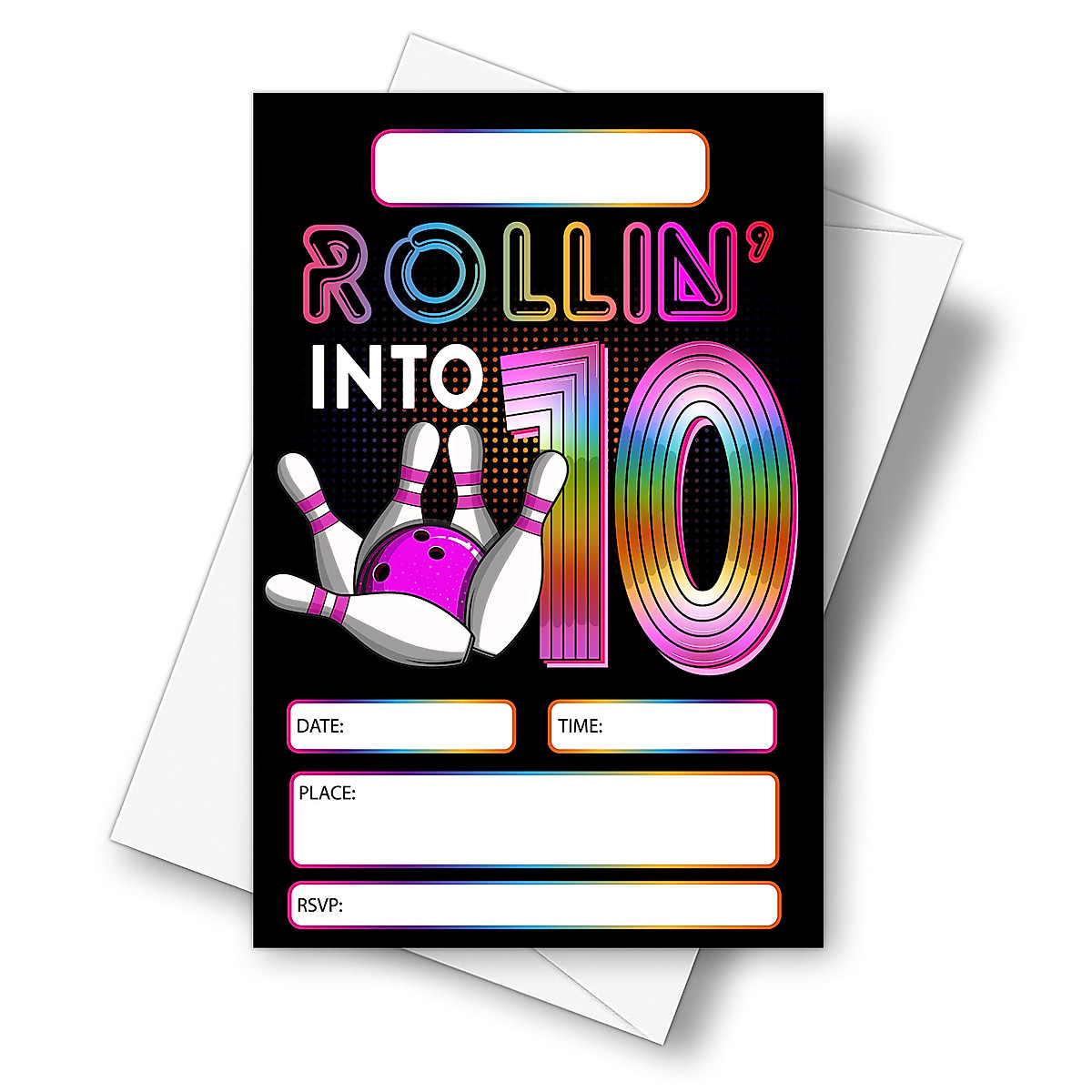 DETIHO 4" x 6" Bowling 10th Birthday Party Invitation Cards With Envelopes - Rolling Into 10 - Retro Bowling Party Invitation - 20 Sets - E62