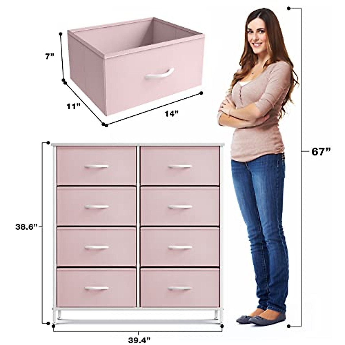 Sorbus Kids Pink Dresser with 8 Drawers + 11 Inch Pink Cube Storage Bins (6 Pack) Bundle - Matching Set - Storage Unit Organizers for Clothing - Bedroom, Kids Rooms, Nursery, & Closet