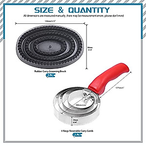 Cimeton 2Pcs Reversible Stainless Steel 4 Rings Curry Comb and Rubber Curry Grooming Brush, Soft Touch Grip Horse Brush Kit for Shedding Grooming Horses Dogs Goats