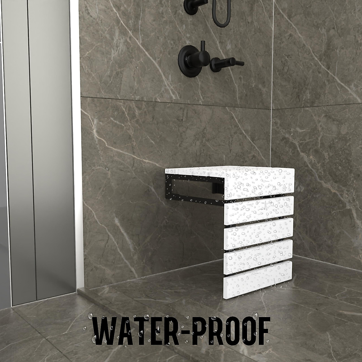 Folding Wall Mounted Teak Wood Handmade Shower Seat, Inside Shower Bathroom Stool for Seniors Disabled Pregnant Handicapped, Foldable Water Resistant Outdoor Bench (White)