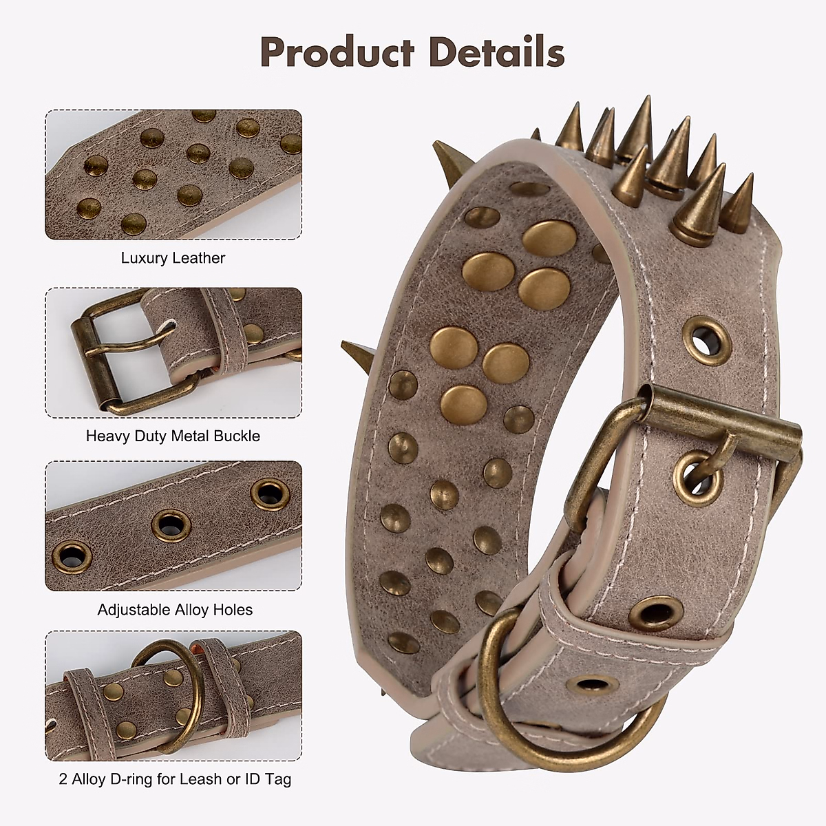 Spiked Studded Dog Collar, WANYANG Big Sharp Spike Dog Collars, Geniune Leather, Neck Protection from Bite, Adjustable, Fit Pitbull Doberman German Shepherd, for Medium Large Dogs