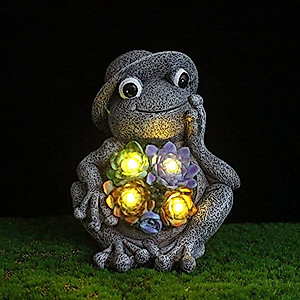 Tiemahun Garden Statues Frog Figurine - Adorable Animal Resin Succulent Plants with Solar Powered 4-LED Lights for Halloween, Patio, Lawn, Yard Porch Art Decoration, Ornaments Gift (Hat)