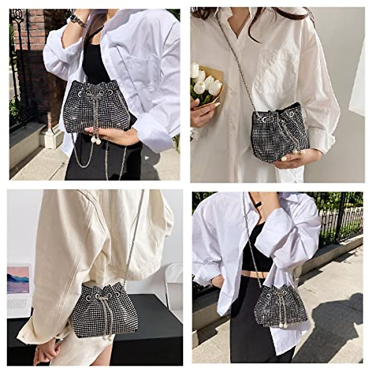 Anopo Full Rhinestones Bucket Clutch Purse Pearl Handbag Bridal Lady Sparkly Bling Evening Crossbody Bag Wedding Party Prom Silver