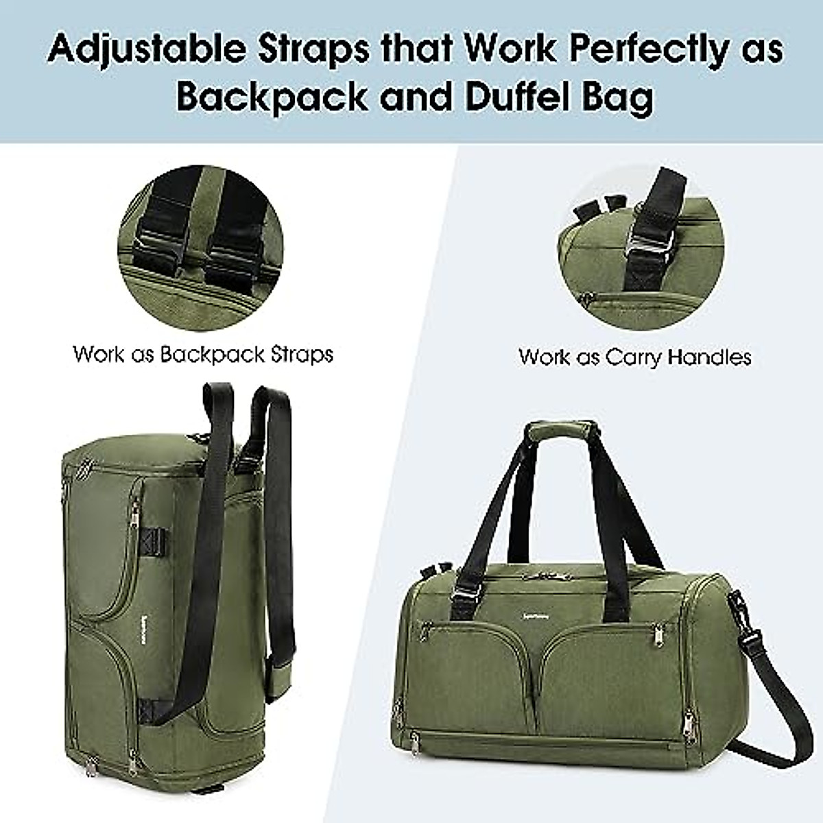 Gym Bag for Women Men Sports Backpack with Wet Pocket & Shoes Compartment Travel Duffle bag with Toiletry Bag Weekender Overnight Bag Carry On Backpack Army Green