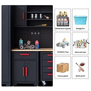 4utoHydra 9-Pcs Workshop Cabinet Set in Black with Workbench - Perfect for Organizing Garage and Tools - Included Steel Cabinets Drawers Shelving Rolling Chest, RD-QGPGC103000