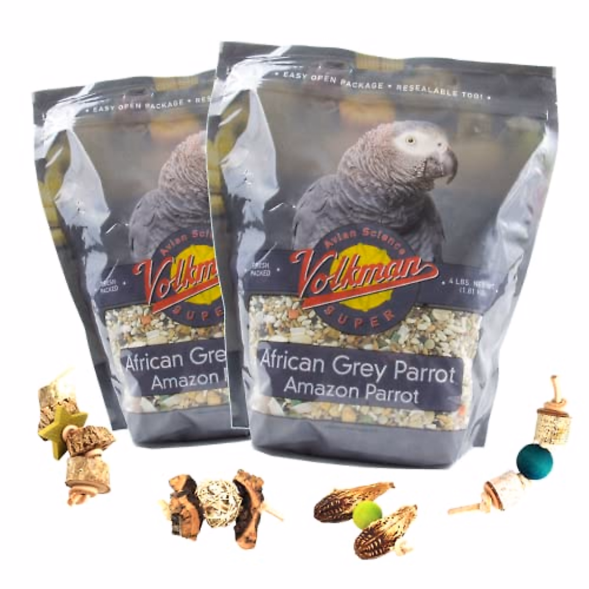 Volkman Avian Science Super African Grey Parrots Bird Food with Foot Toys, Bird Food African Grey Parrot Treats with Foot Roller - 4 Lbs. 2-Pack (1Toy, Toy May Vary)